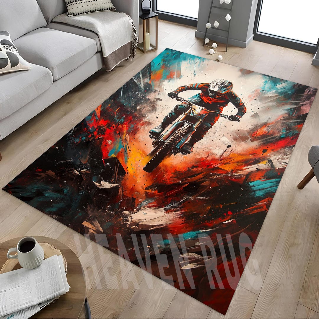Mountain Motorbike Art Rug, Motorbike Rug, Sport Rug, Motorcyclist ...