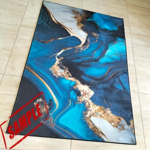 Blue, White & Gold Marble Rug: Modern Living Room Decor - Etsy