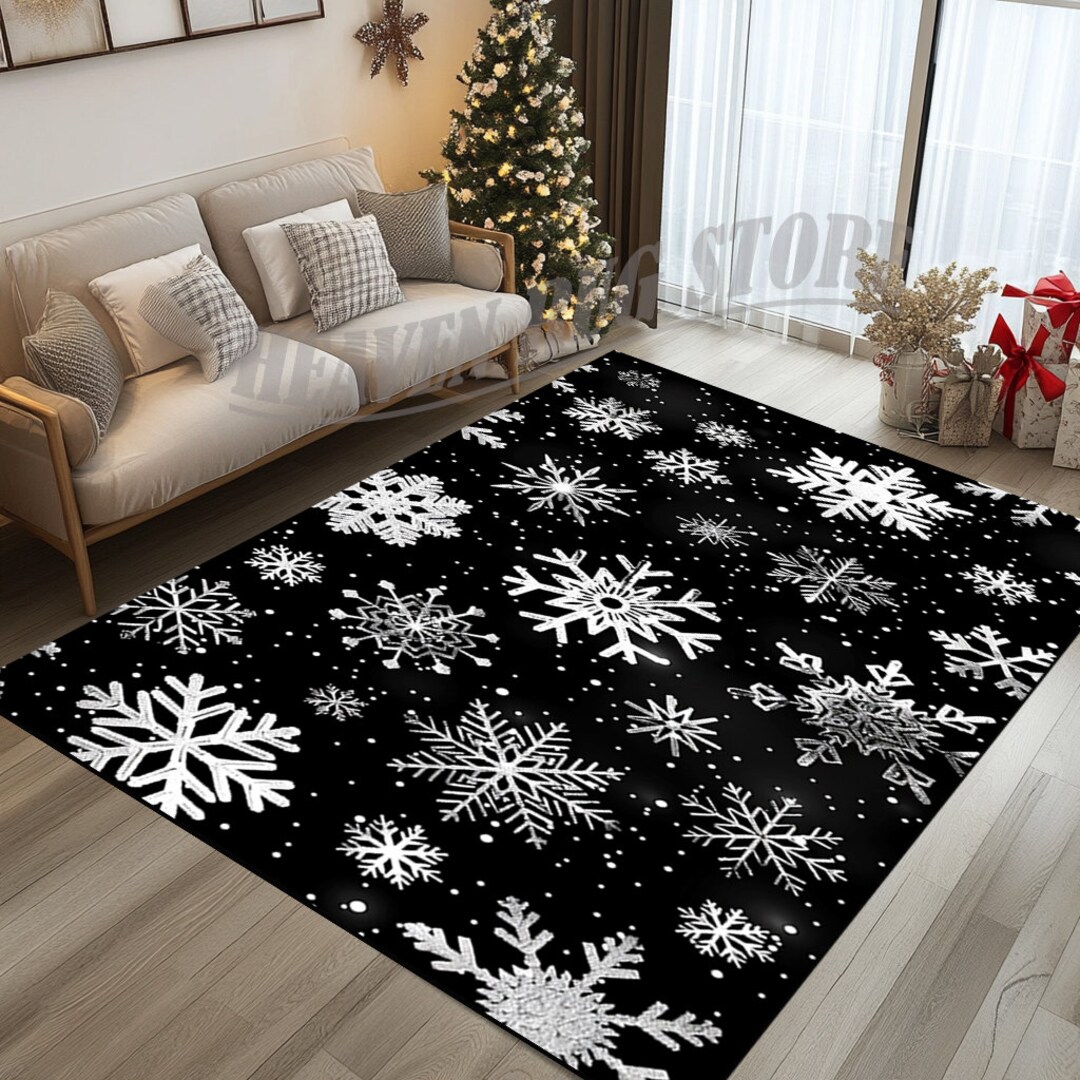 Snowflakes Rug, Black and White Snowflakes Rug, Shiny Snowflake Rug ...