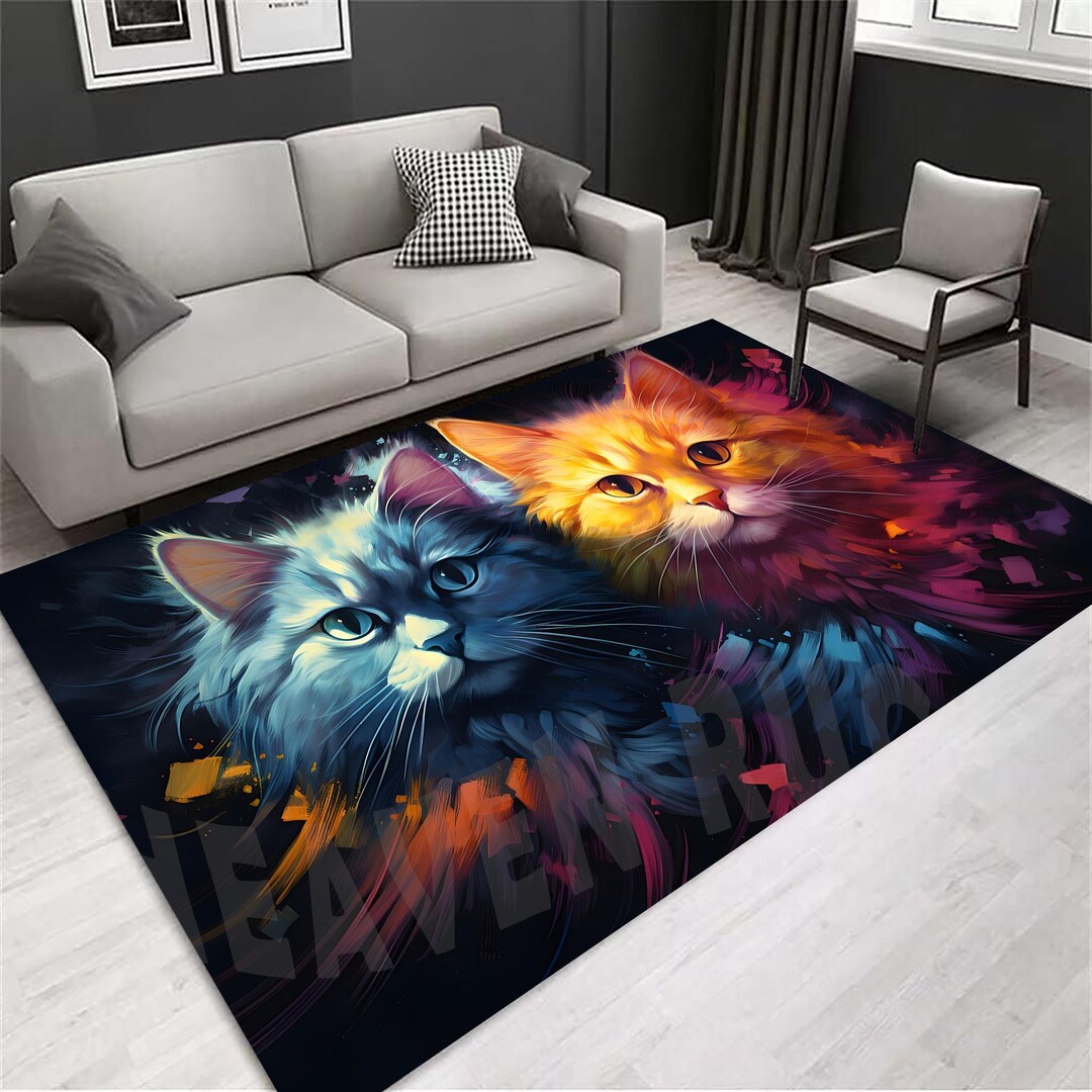 Cat Rug, Animal Rug, Blue and Orange Cats Rug, Cat Lover Rug, Cat ...