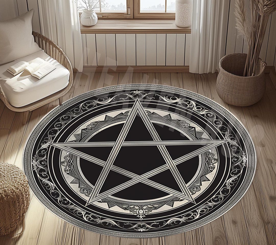 Pentagram Round Rug, Grey Pentagram Rug, Satanic Decor Rug,protection ...