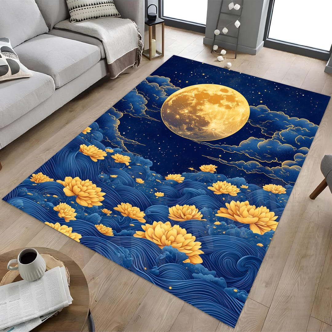 Full Moon Area Rug: Gold Flowers, Navy Blue Cloud Decor - Etsy UK