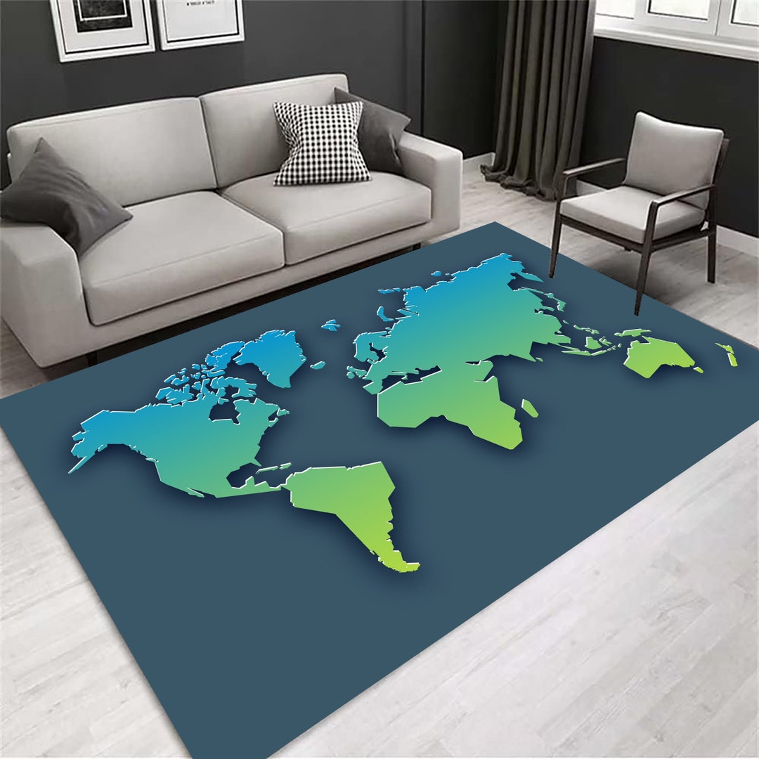 World Map Rug, Green and Blue World Map Rug, Home Decor Carpet, Popular ...