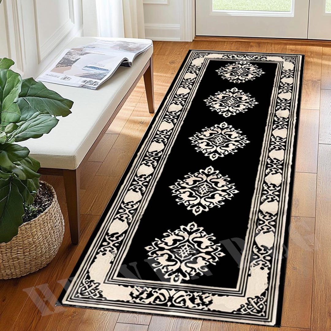 Black and White Traditional Rug: Modern Hallway Runner - Etsy