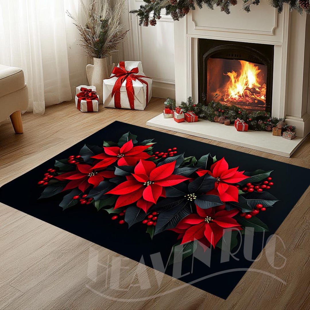 Poinsettia Rug, Xmas Decor Rug, Christmas Rug, Poinsettia Themed Rug ...