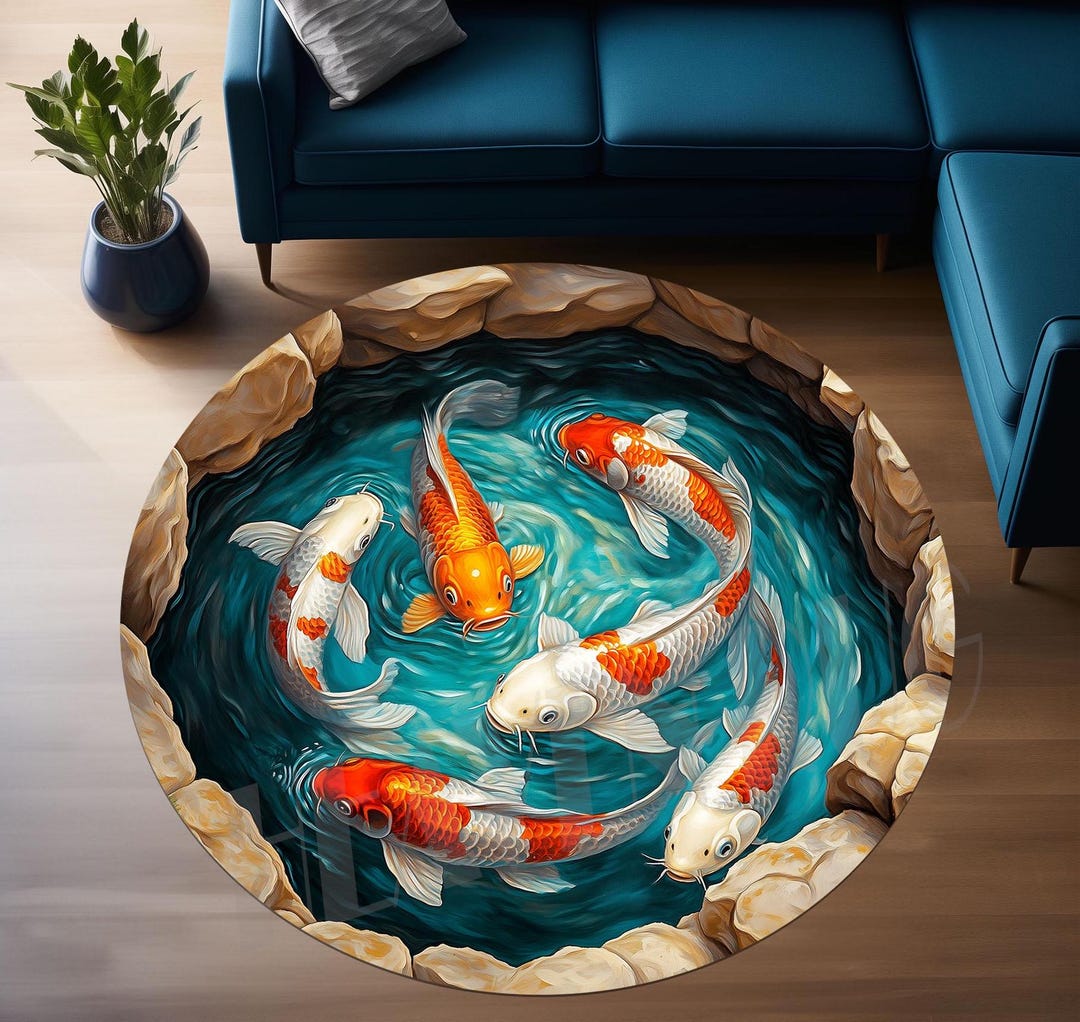 Koi Fish Rug, Fishes Round Rug, Animal Decor Rug, Koi Fish Pond Rug ...