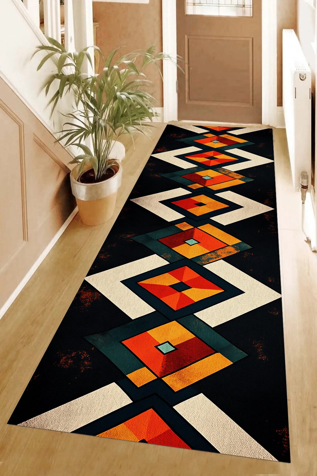 Mid Century Modern Art Rug, Geometric Long Rug, Kandinsky Style Runner ...
