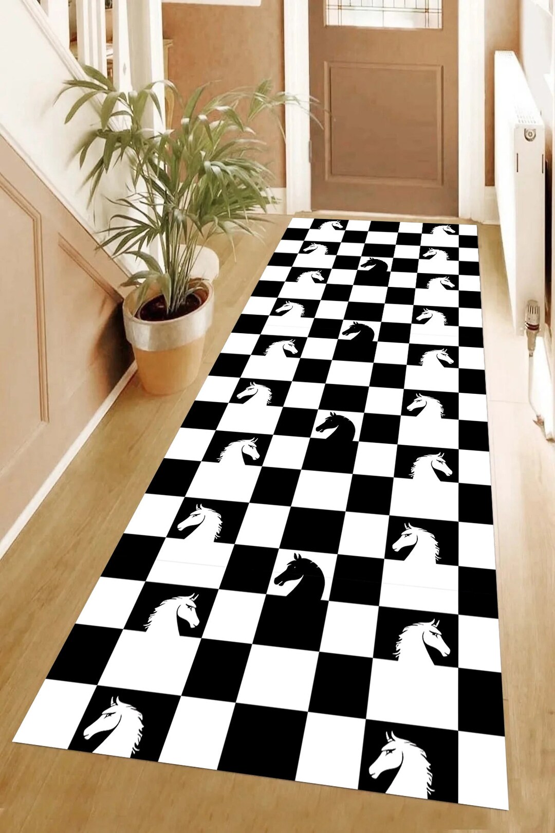 Checkered Runner Rug, Black and White Horses Rug, Chess Pattern Long ...