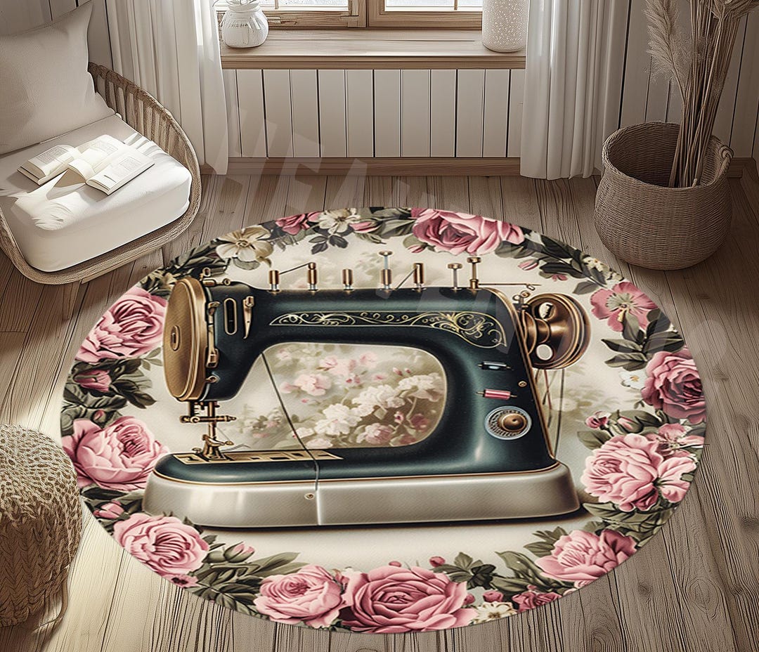 Sewing Machine Rug, Pink Roses Rug, Sewing Machine Round Rug, Sewing ...
