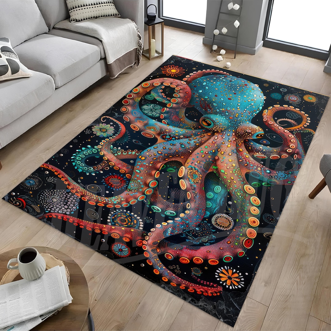 Octopus Rug, Octopus Decor Rug, Underwater World Rug, Colorful Mosaic ...
