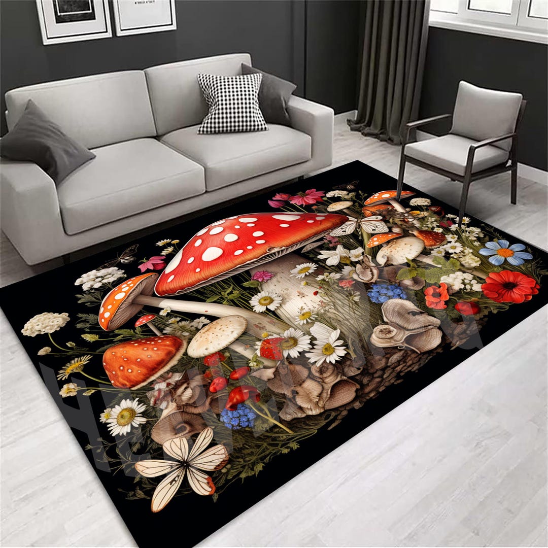 Red Mushroom Rug, Mushrooms Rug, Wildflowers Rug, Mushroom Decor Rug ...