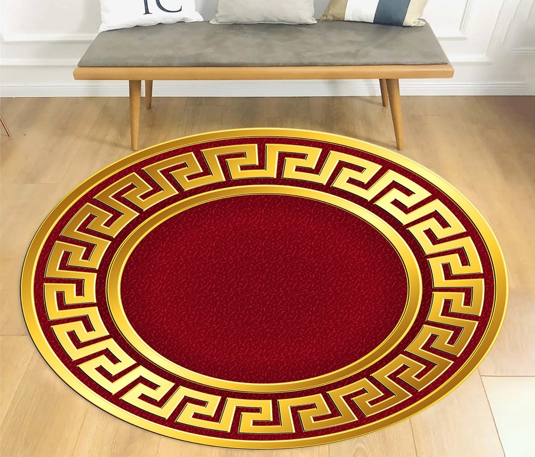 Red Gold Greek Rug, Greek Round Rug, Greek Decor Rug, Living Room Rug ...