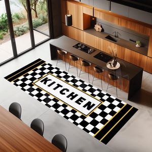 Checkered Kitchen Rug, Kitchen Rug, Black White Checkered Rug, Gold ...