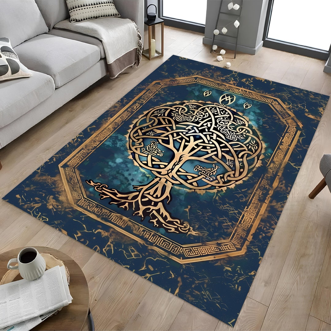Tree of Life Rug, Viking Style Rug, Gold Tree Design Rug, Modern Tree ...
