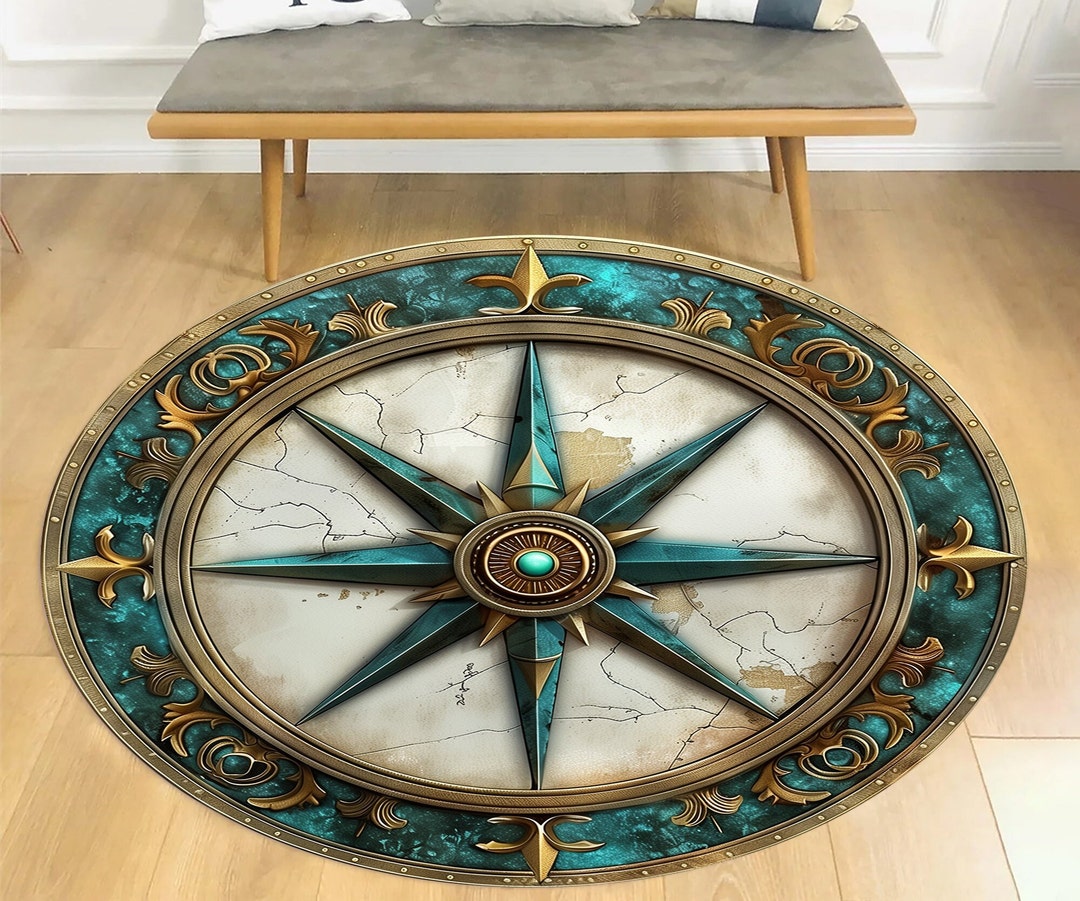 Compass Round Rug, Vintage Style Compass Rug, Gold and Teal Compass Rug ...