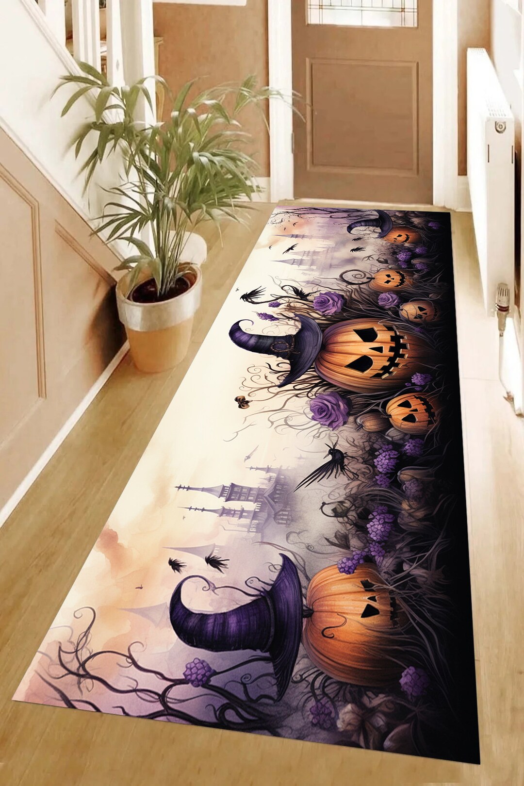 Halloween Pumpkin Runner Rug, Purple Rose Decor, Horror Design - Etsy