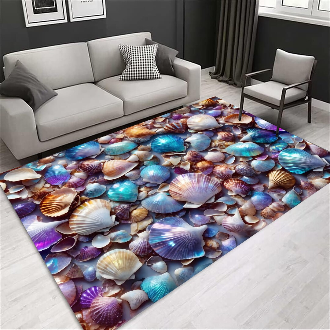 Sea Shell Rug, Teal and Violet Colors Shell Rug, Nautical Decor Rug ...