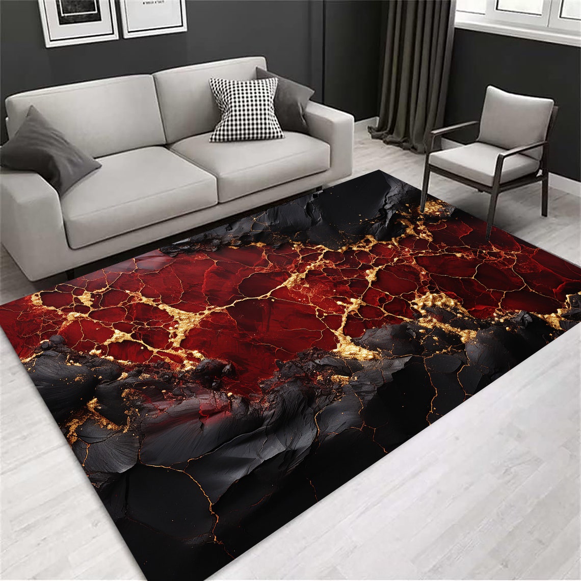 Red Black and Gold Marble Rug, Red and Black Design Marble Rug, Marble ...