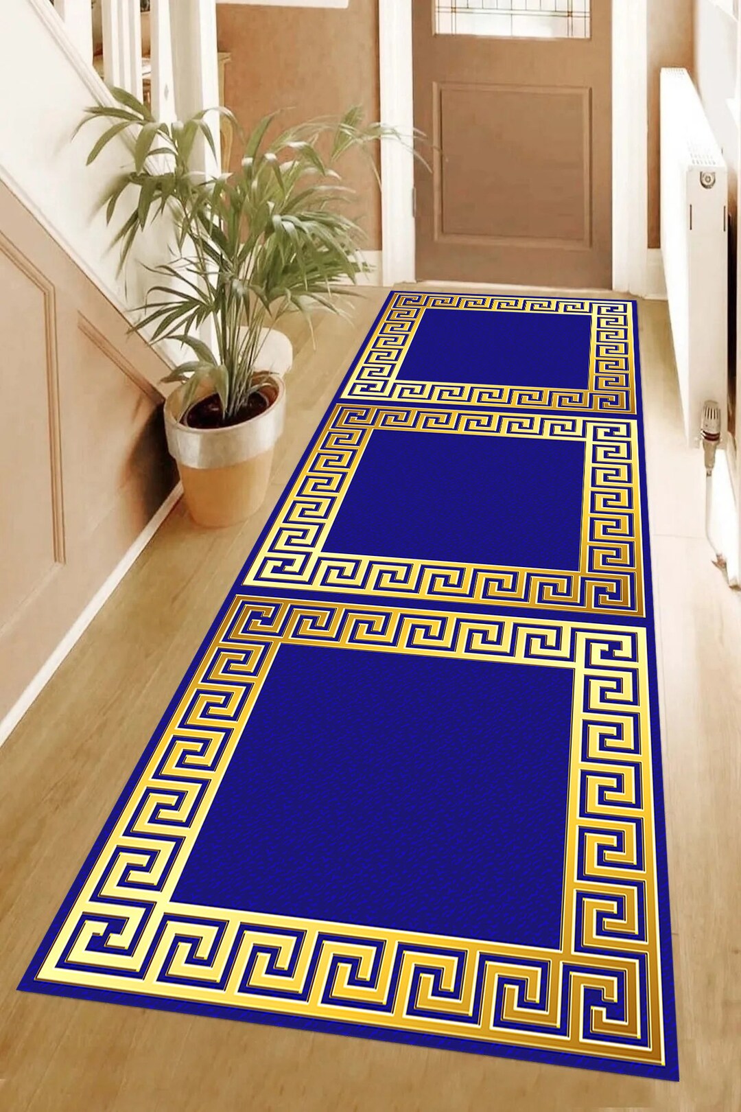 Navy Blue Gold Greek Rug, Greek Pattern Rug, Greek Key Pattern Rug ...