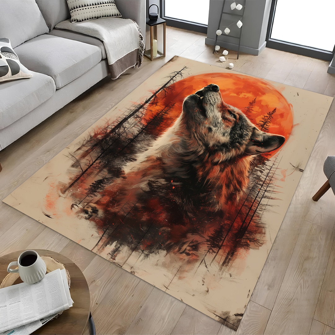 Howling Wolf Rug, Wolf Art Rug, Forest Design Rug, Animal Rug, Wolf ...