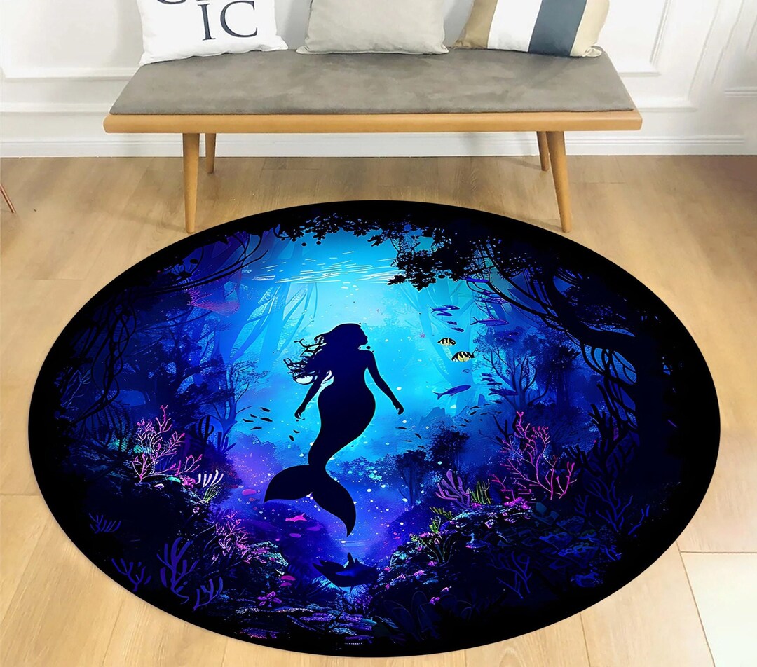 Mermaid Round Rug, Mystical Rug, Mermaid Neon Rug, Mermaid Silhouette ...