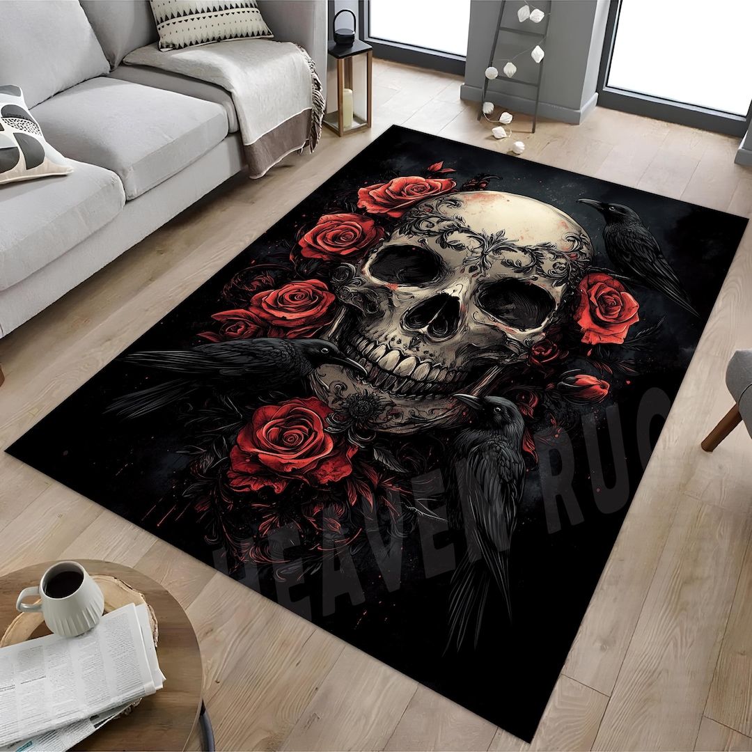 Skull Rug, Roses Skull Rug,gothic Area Rug,birds Decor Rug,crow Design ...