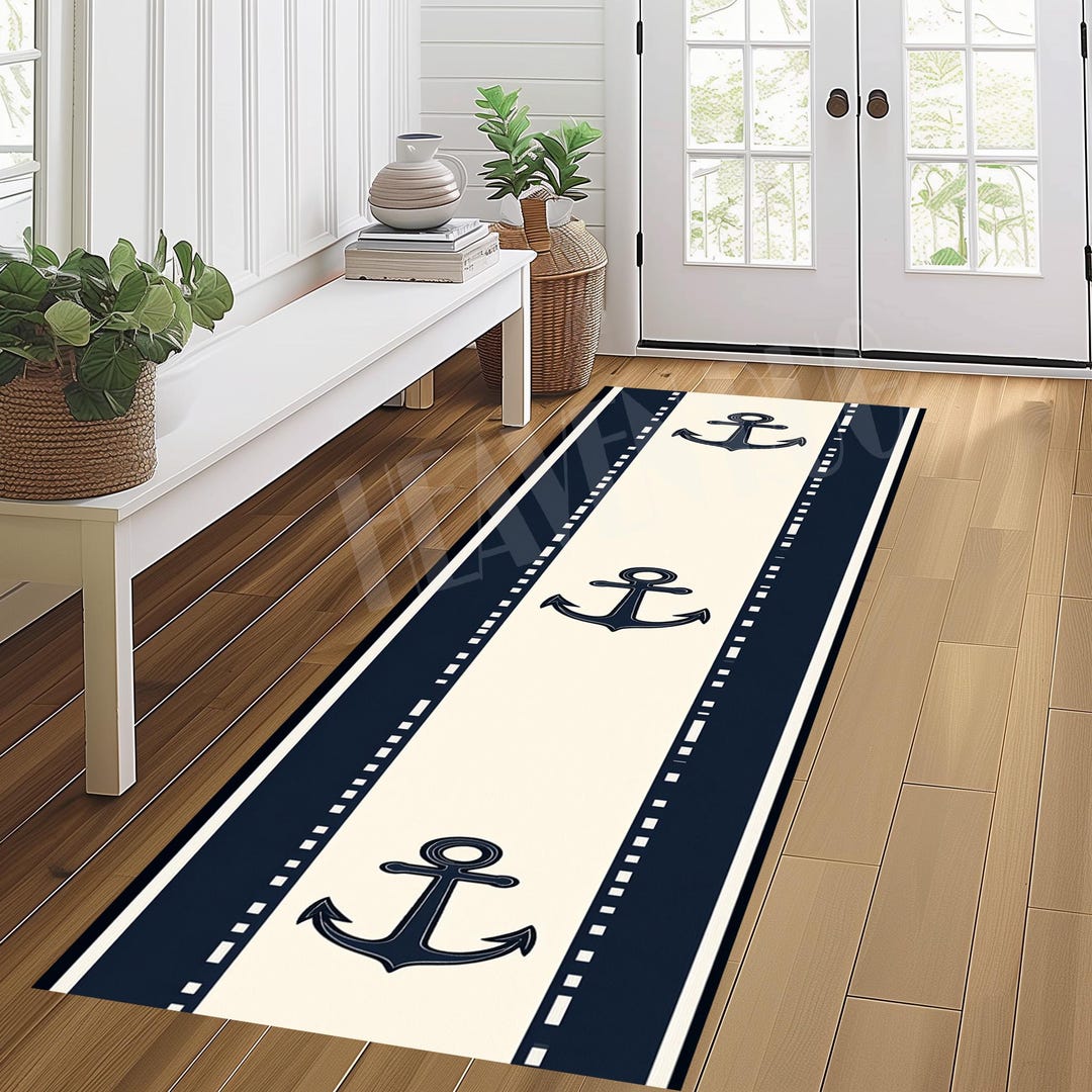 Navy Anchor Hallway Rug: Nautical Kids Room Decor - Etsy