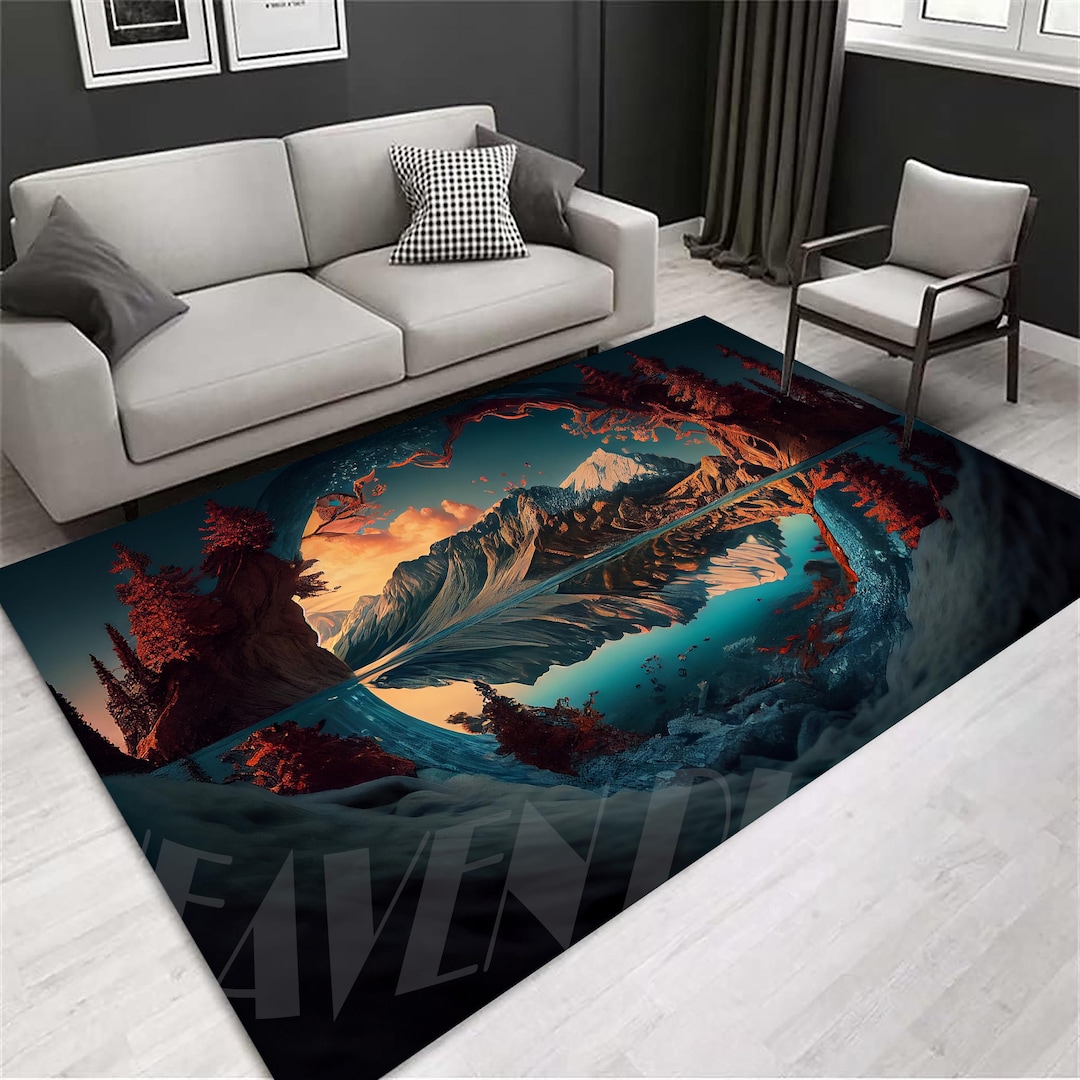 Tranquil Landscape Rug, Mountain Peak Rug, Illustration Nature Rug ...