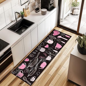 Kitchen Rug, Black Pink Kitchen Rug, Kitchen Hallway Rug, Kitchen ...