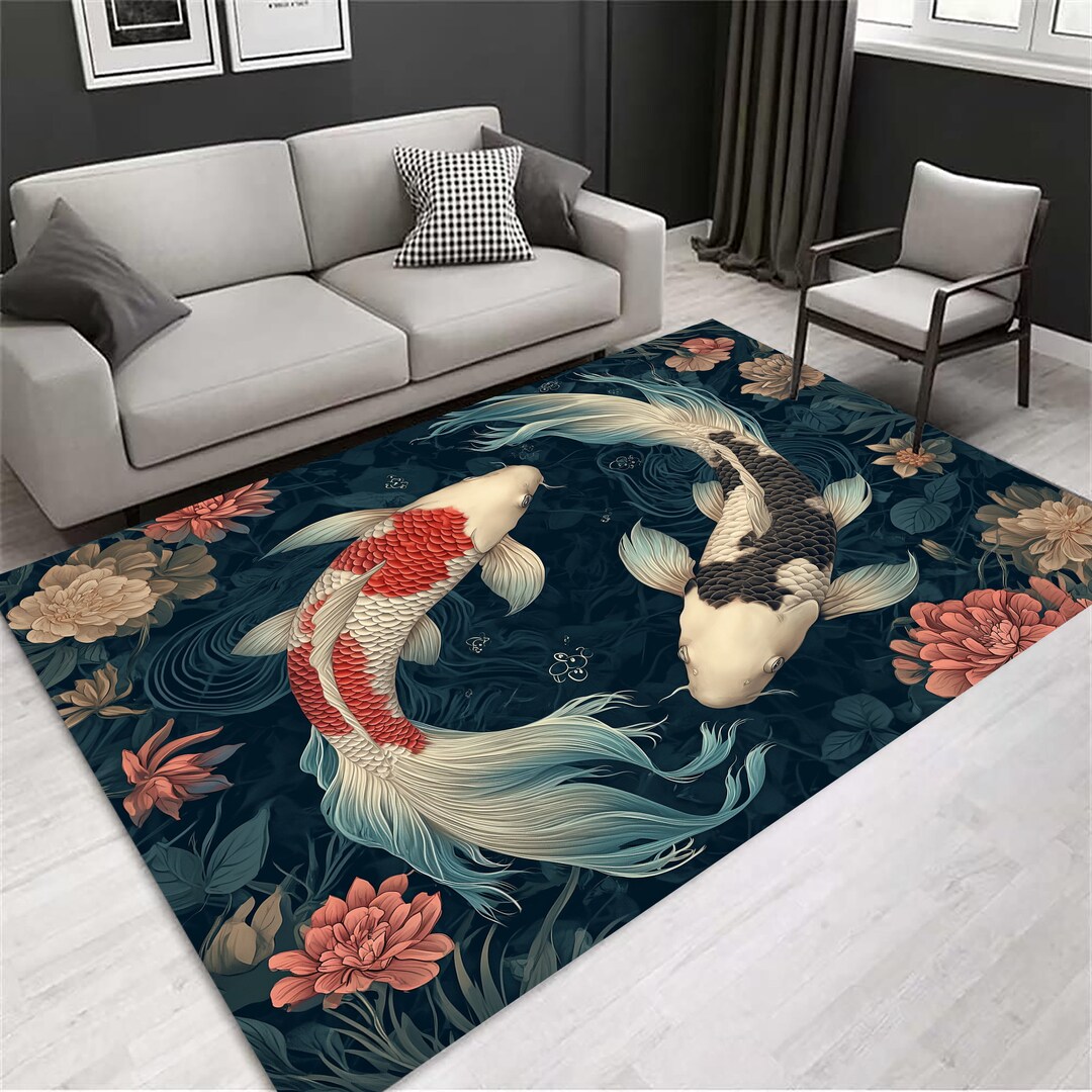 Koi Fish Rug, Couple Koi Fish Rug, Floral Koi Fishes Rug, Japanese Art ...