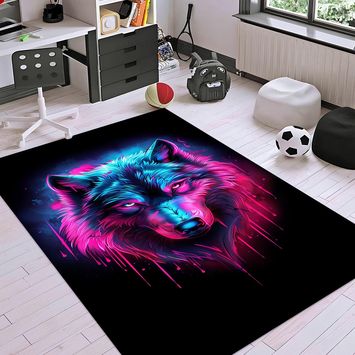 Wolf Rug, Wolf Design Rug, Wolf Colorful Rug, Wolf Area Rug, Wolf Decor ...
