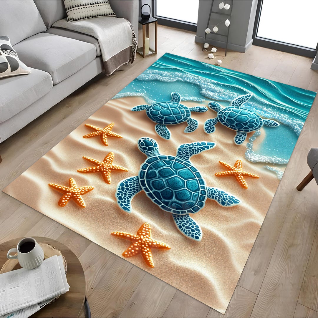 Sea Rug, Sea Turtles Rug, Starfishes Rug, Sand Rug, Turtles Decor Rug ...