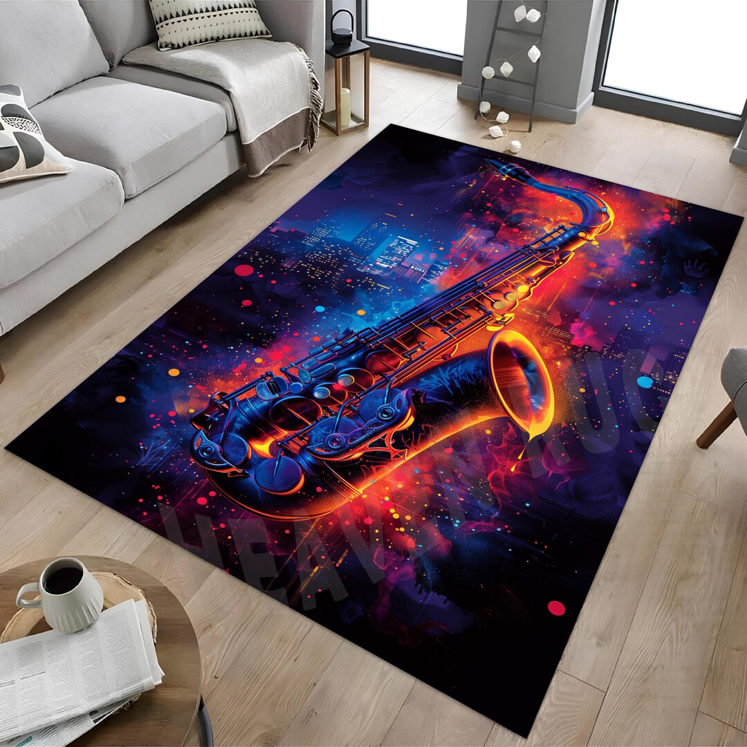 Saxophone Rug: Colorful City Scene, Music Room Decor - Etsy