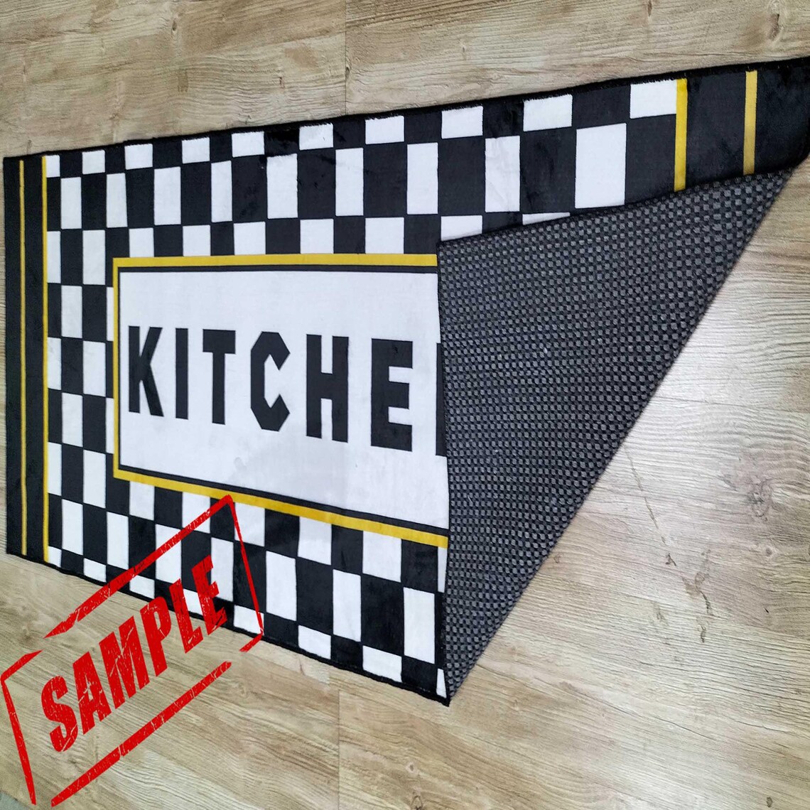 Checkered Kitchen Rug: Black, White & Gold Accent Rug - Etsy