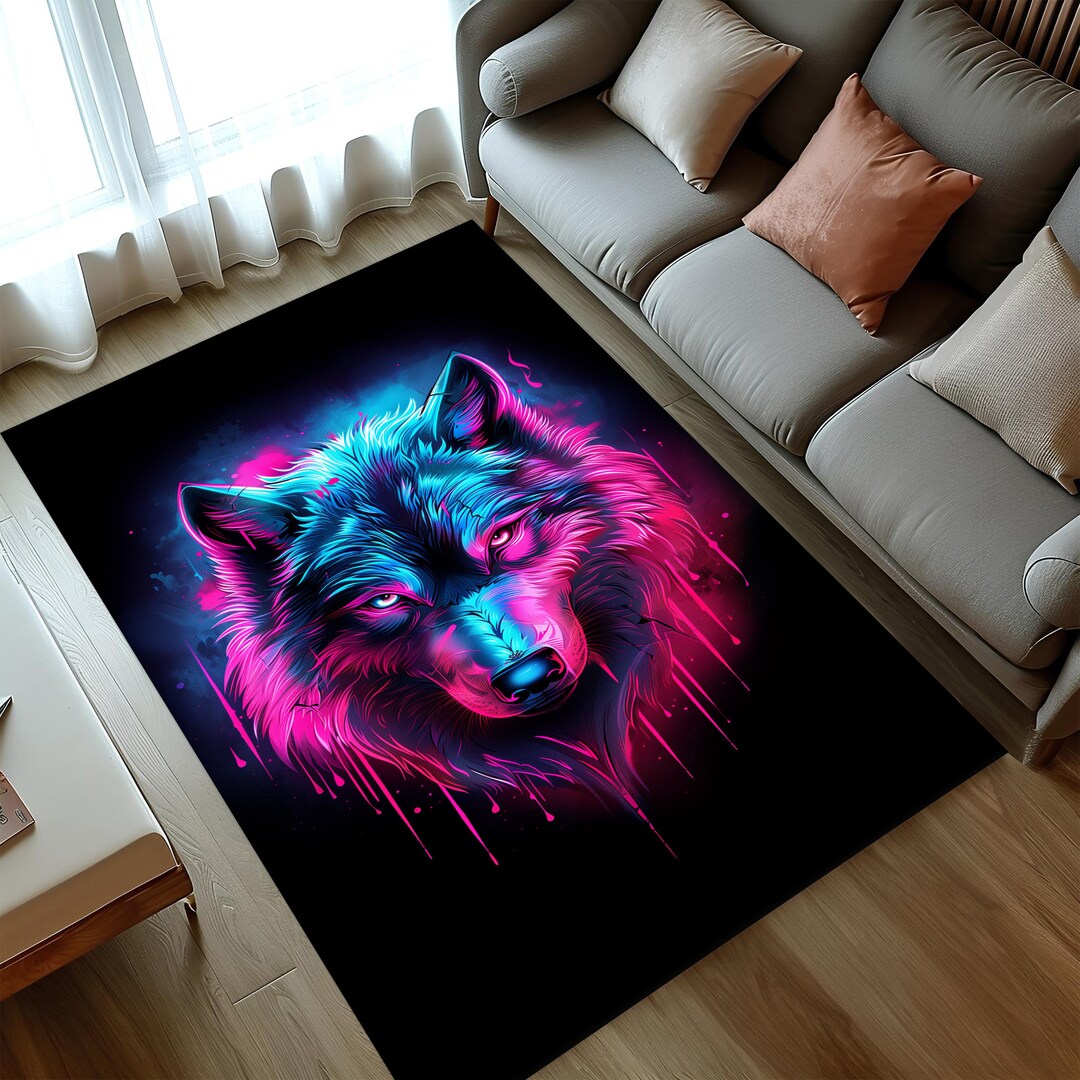 Wolf Rug, Wolf Design Rug, Wolf Colorful Rug, Wolf Area Rug, Wolf Decor ...
