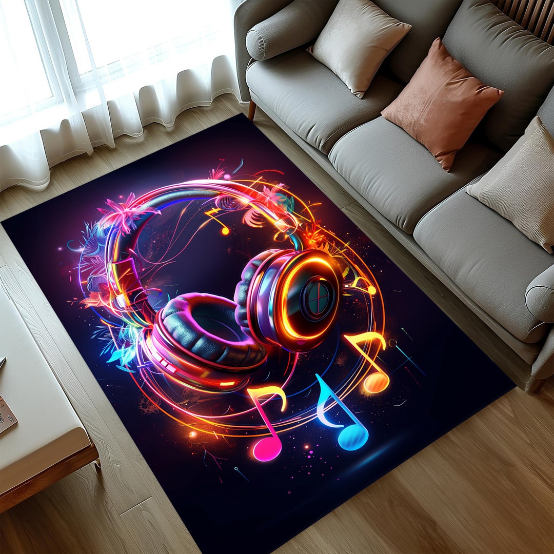 Headphones Rug, Music Notes Rug, Neon Look Music Rug, Music Room Rug ...