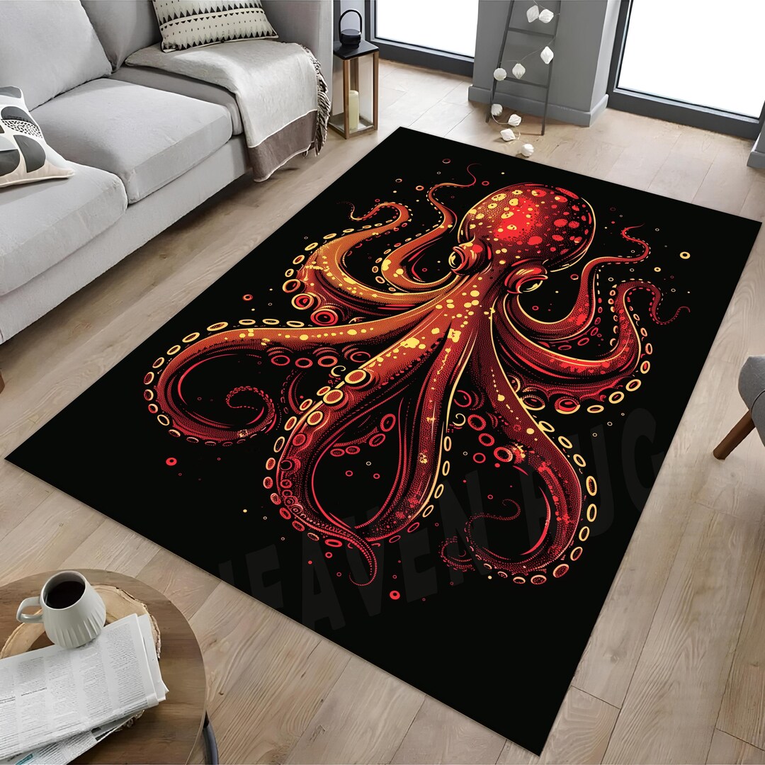 Octopus Rug, Red Octopus Rug, Red Black Rug, Sea Rug, Kids Room Rug ...