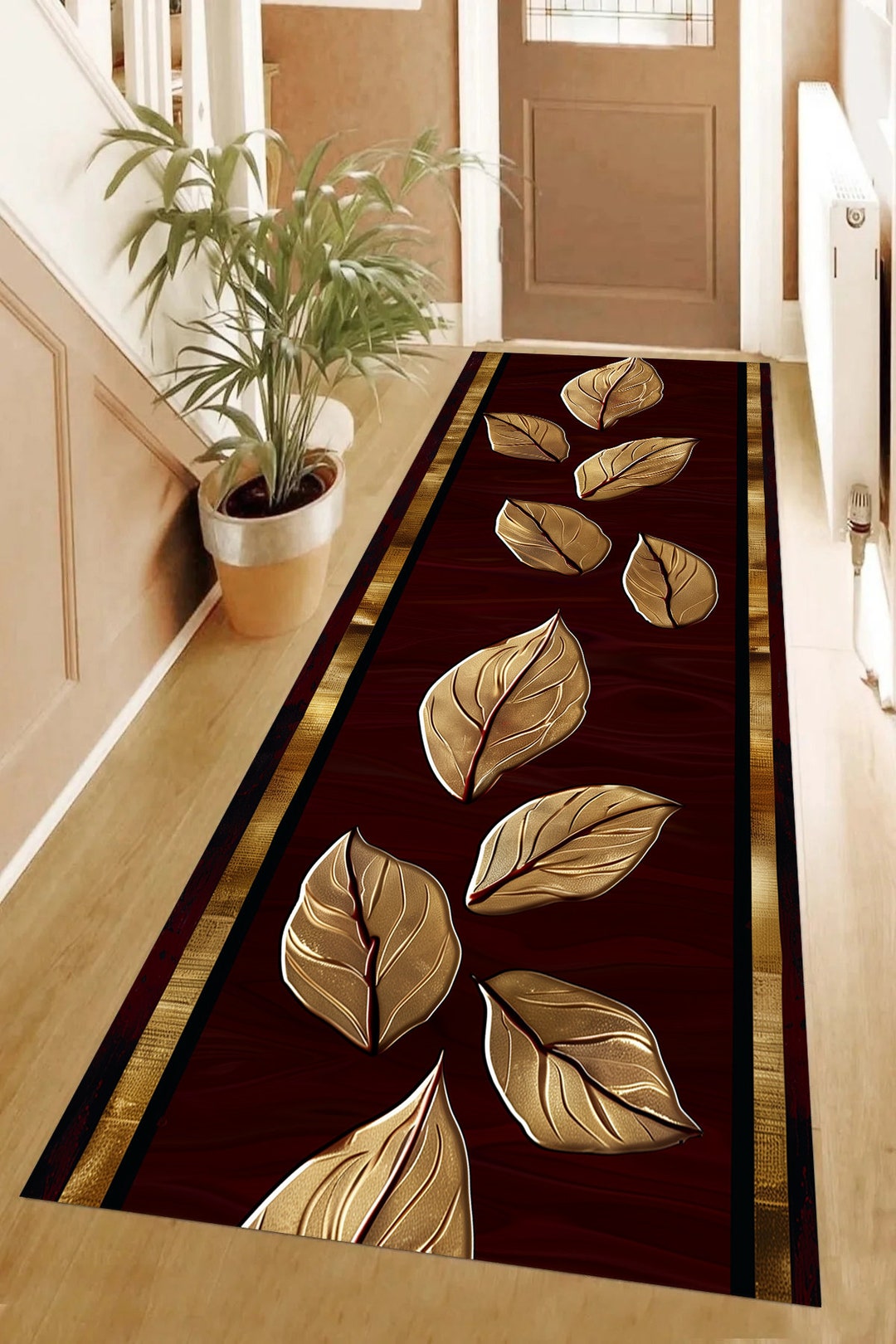 Gold Leaf Runner Rug: Maroon Hallway Rug - Etsy