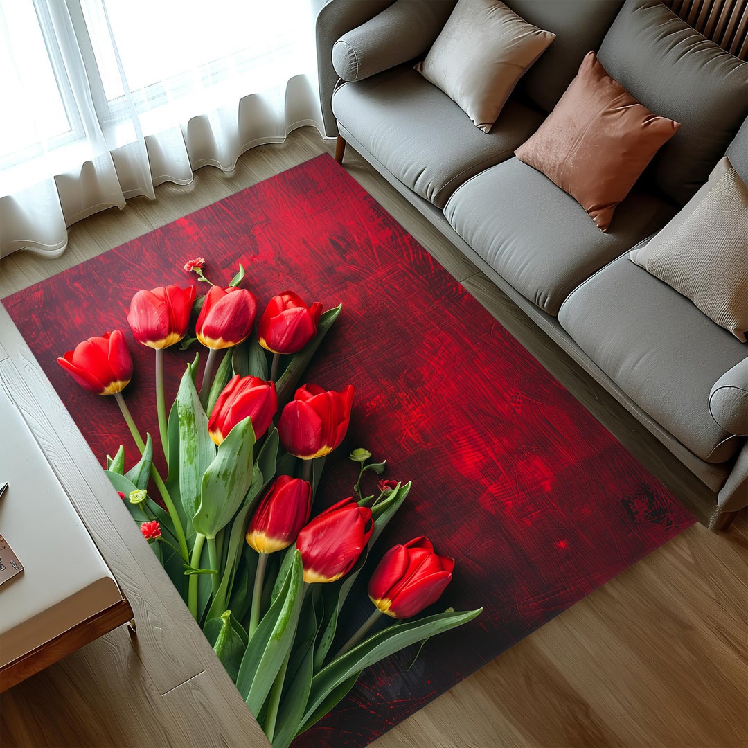 Red Tulip Rug, Tulip Rug, Tulips Rug, Flower Carpet, Tulip Bouquet Rug ...