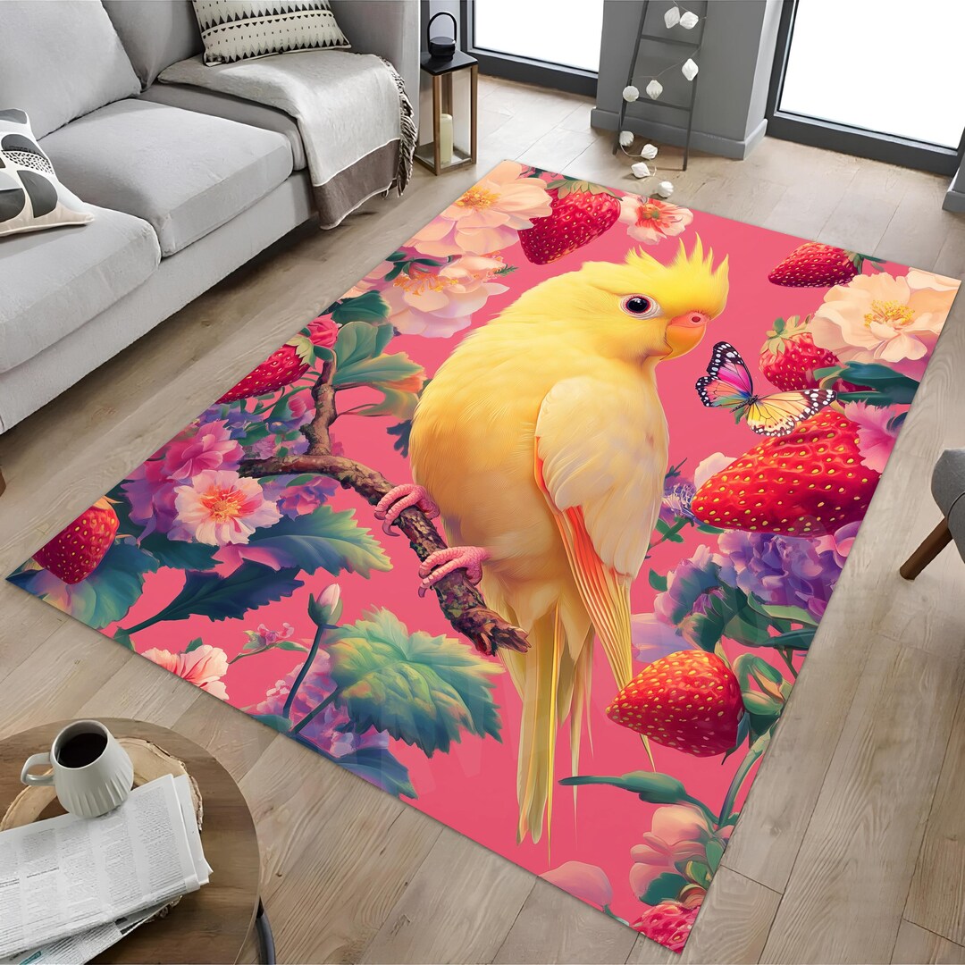Parrot Area Rug: Modern Bird, Strawberries & Floral Design - Etsy