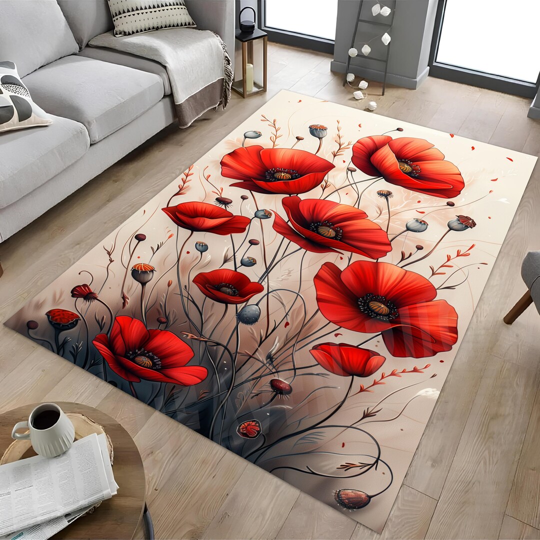 Poppy Rug, Red Poppy Rug, Spring Rug,home Decor Rug,red Flower Rug,rug ...