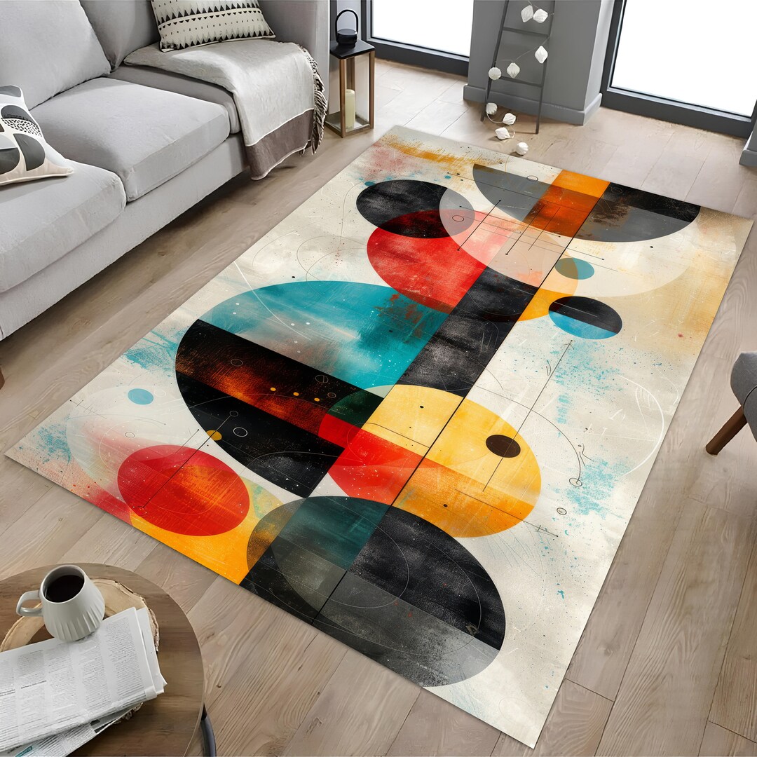 Mid Century Rug, Kandinsky Style Art Rug, Mid Century Circle Rug, Mid ...