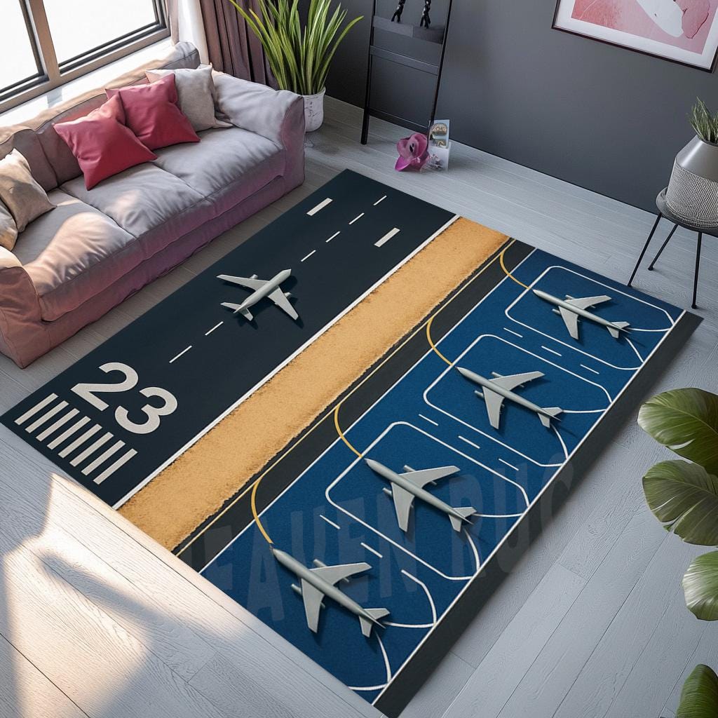 Blue Airfield Rug: Kids Airplane Play Mat, Runway Design - Etsy