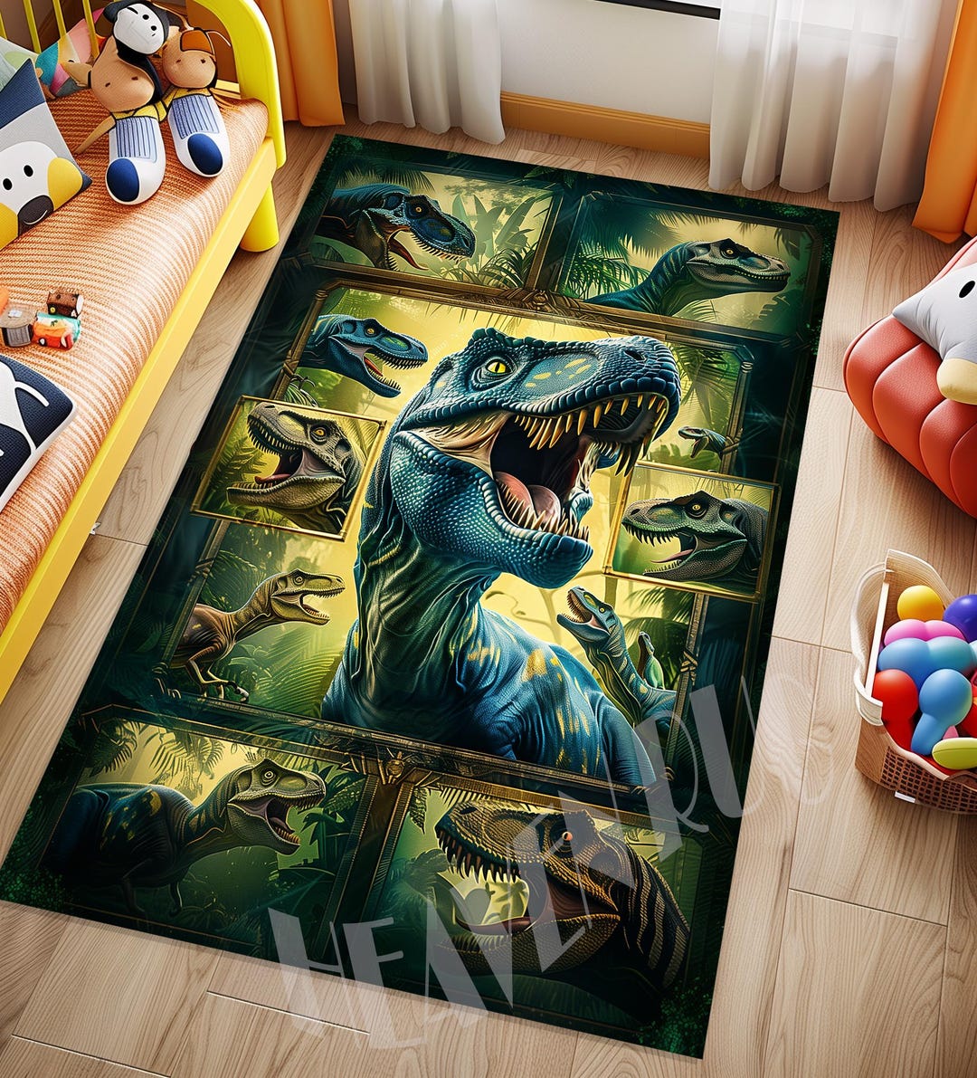 Dinosaurs Rug, Dinosaurs Decor Rug, Dinosaur Design Rug, Blue and Green ...