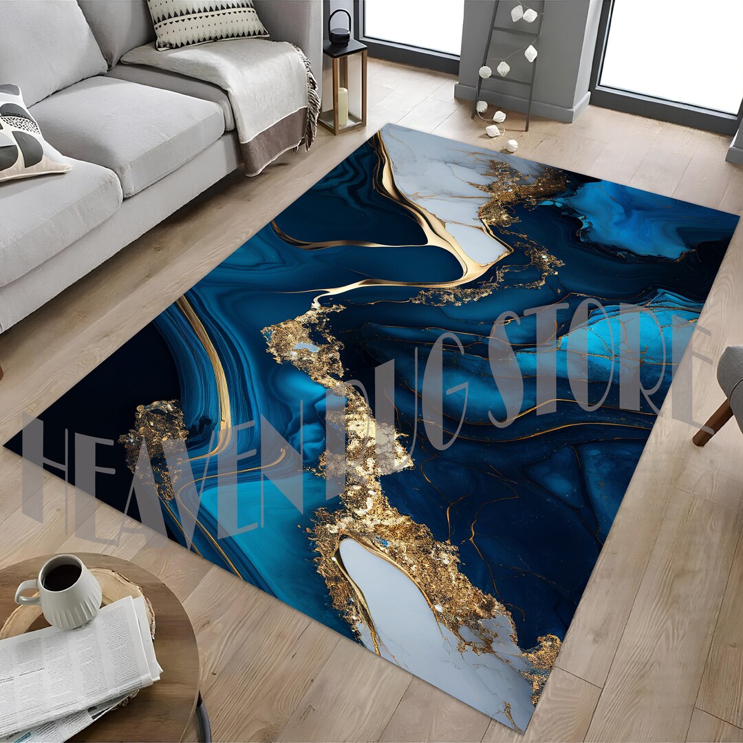 Blue, White & Gold Marble Rug: Modern Living Room Decor - Etsy