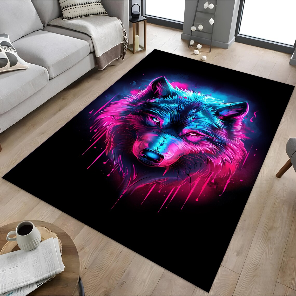 Wolf Rug, Wolf Design Rug, Wolf Colorful Rug, Wolf Area Rug, Wolf Decor ...