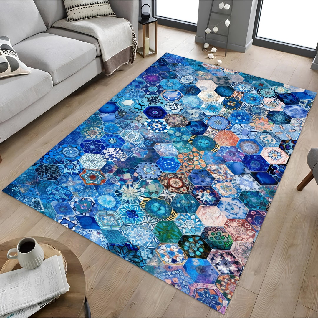 Blue Hexagon Motif Rug, Modern Rug, Blue Design Rug, Blue Shape Rug ...