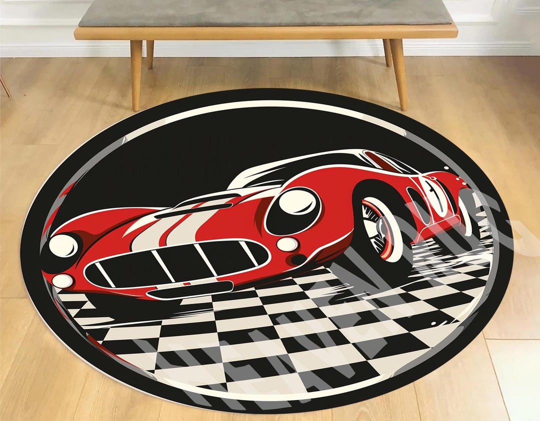 Red Car Round Rug, Car Themed Rug, Car Decor Rug, Flag Design Rug, Kids ...