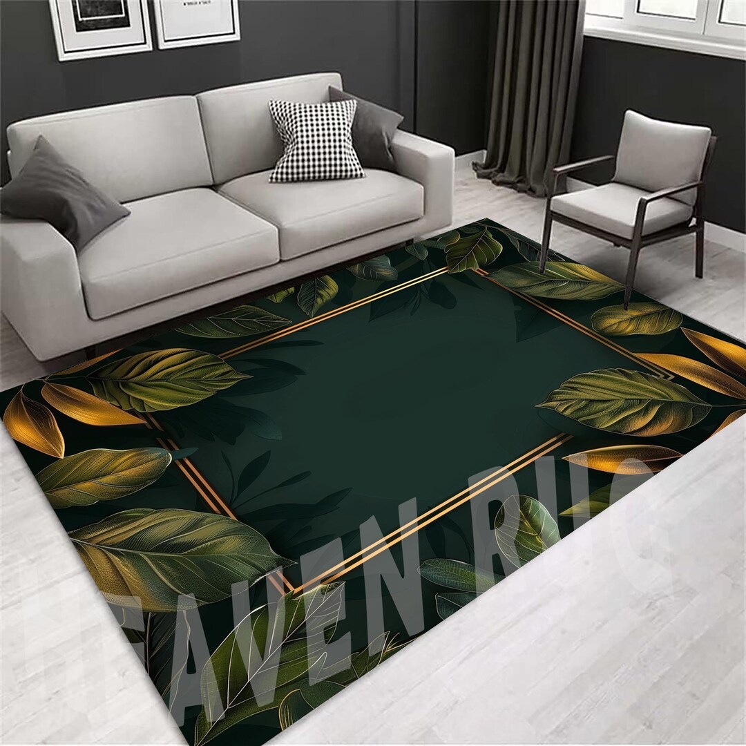 Tropical Leaves Rug, Dark Green and Gold Leaves Rug, Leaf Design Rug ...
