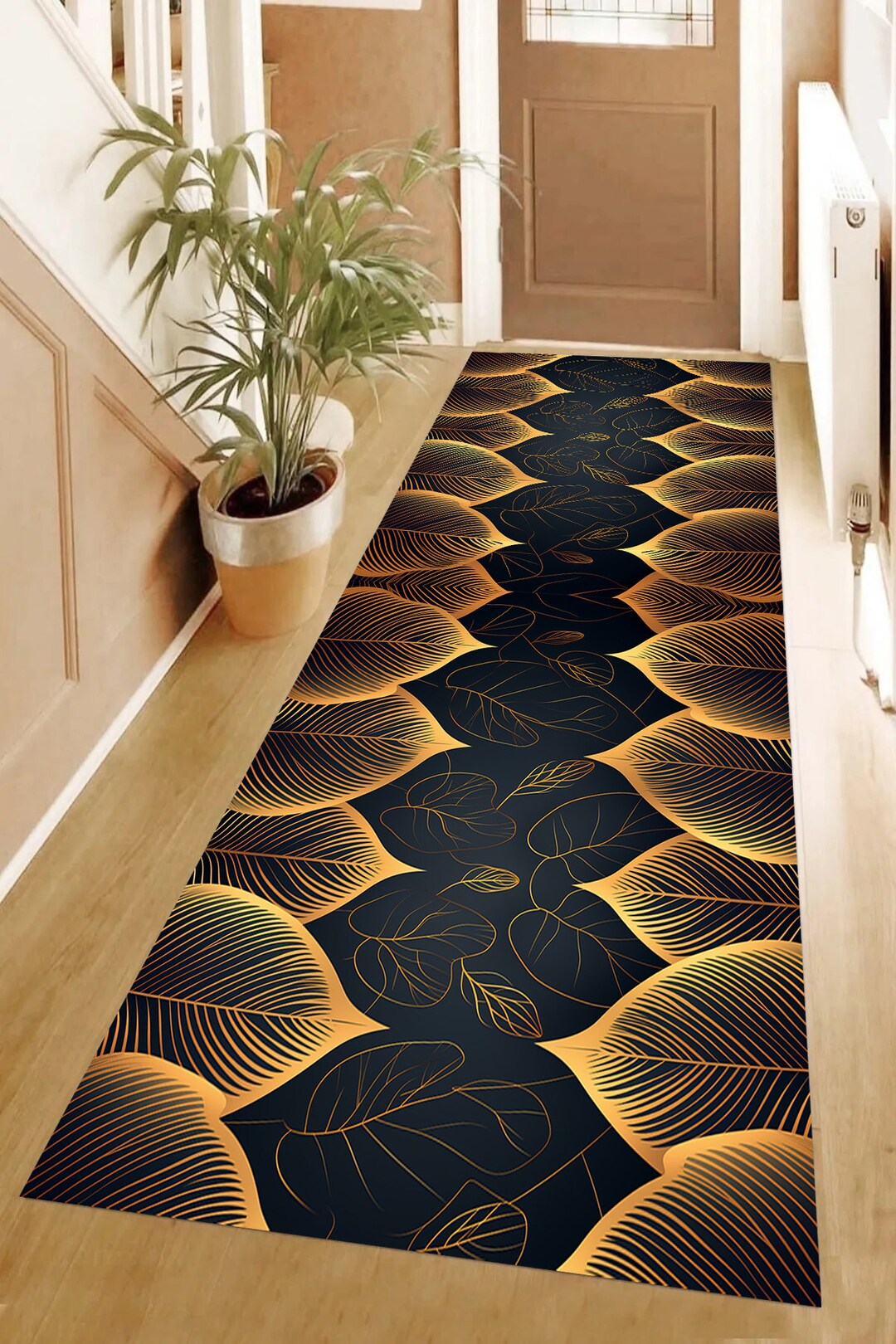 Leaf Runner Rug, Black and Gold Rug, Autumn Hallway Rug, Leaf Area Rug ...